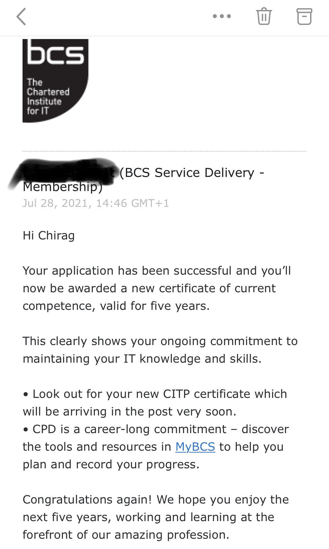 Renewed BCS CITP Certificate of Current Competence 2021-2026 – Chirag Patel